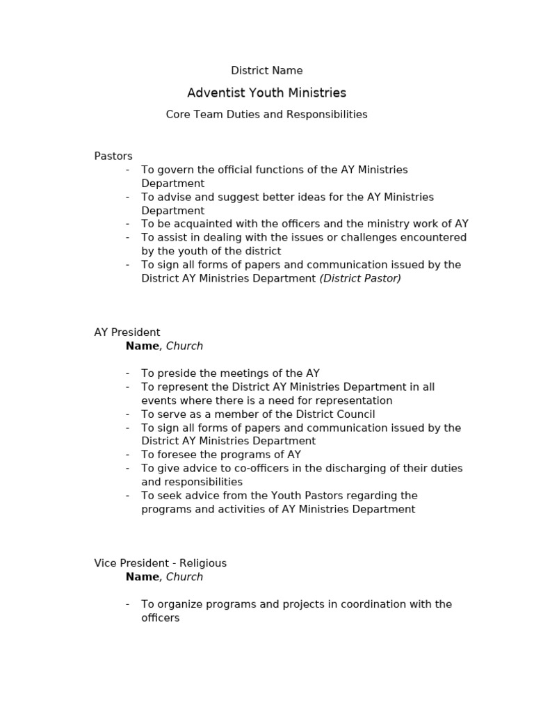 AY Ministries Core Team Responsibilities | PDF | Government | Foreign ...