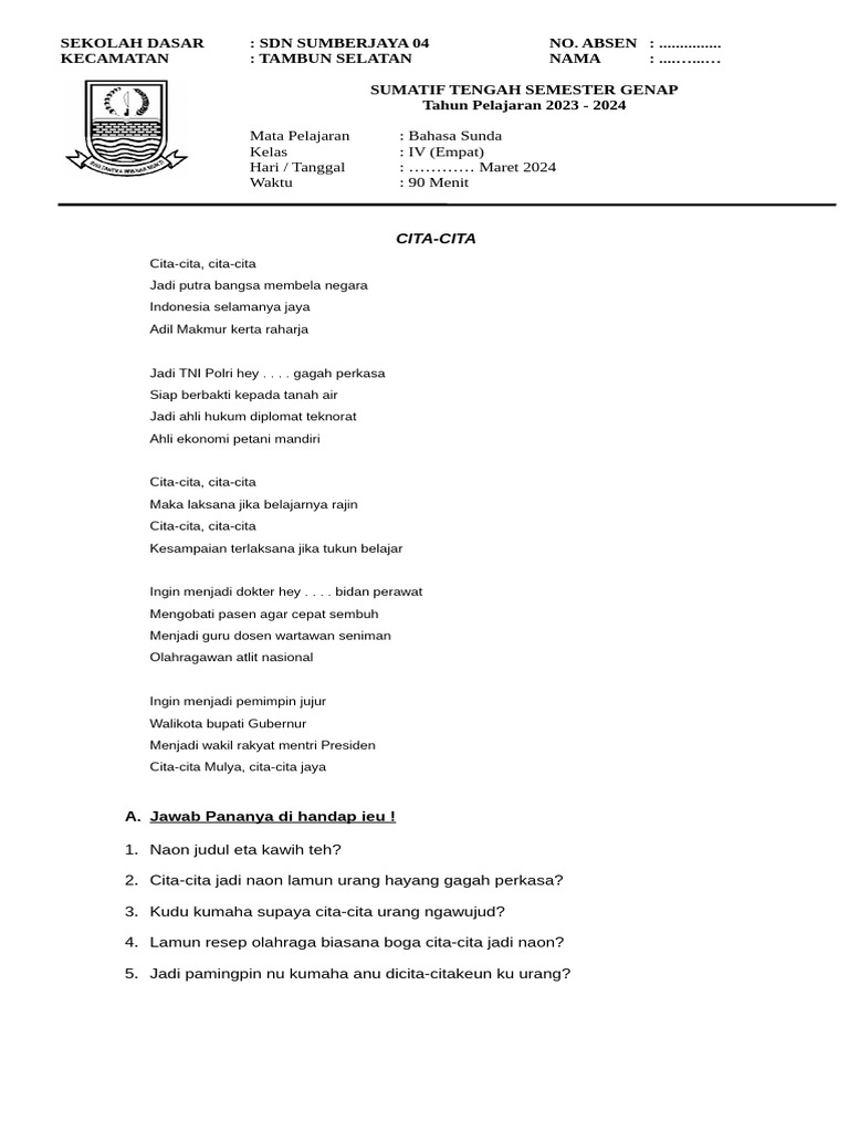 Sumatif Akhir SMT Genap B.Sunda Kls 4 | PDF