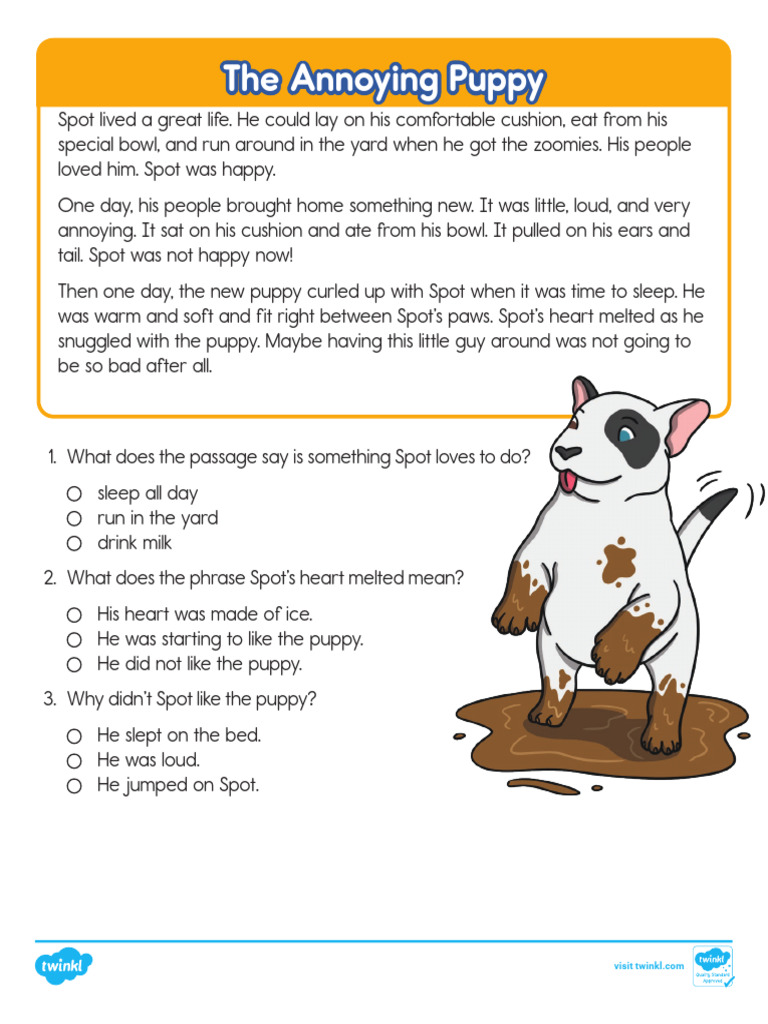 The Annoying Puppy Reading Passage Comprehension Activity | PDF