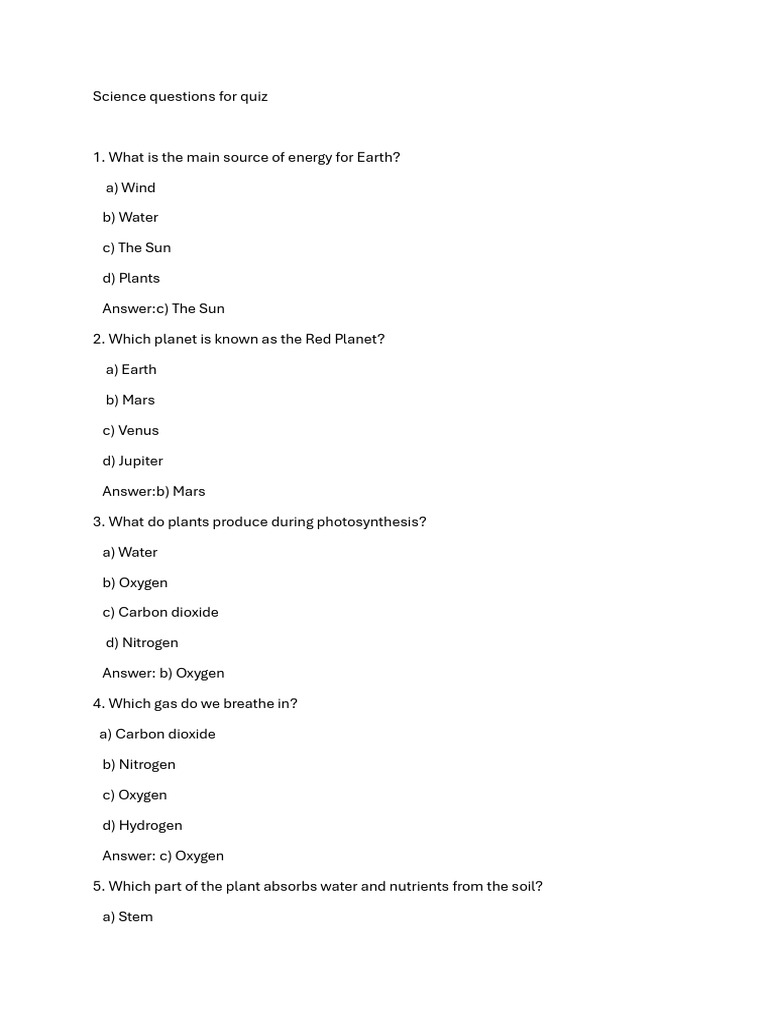 Science Quiz Questions | PDF