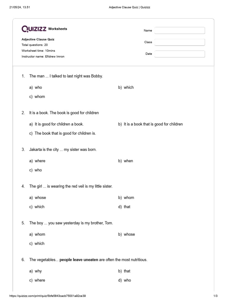 Adjective Clause Quiz - Quizizz | PDF