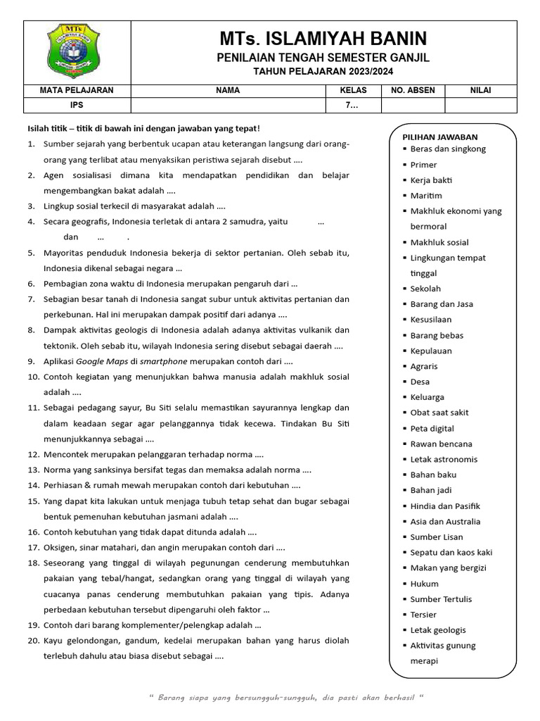 Soal PTS Ganjil 2023 2024 Ips Kelas 7 | PDF