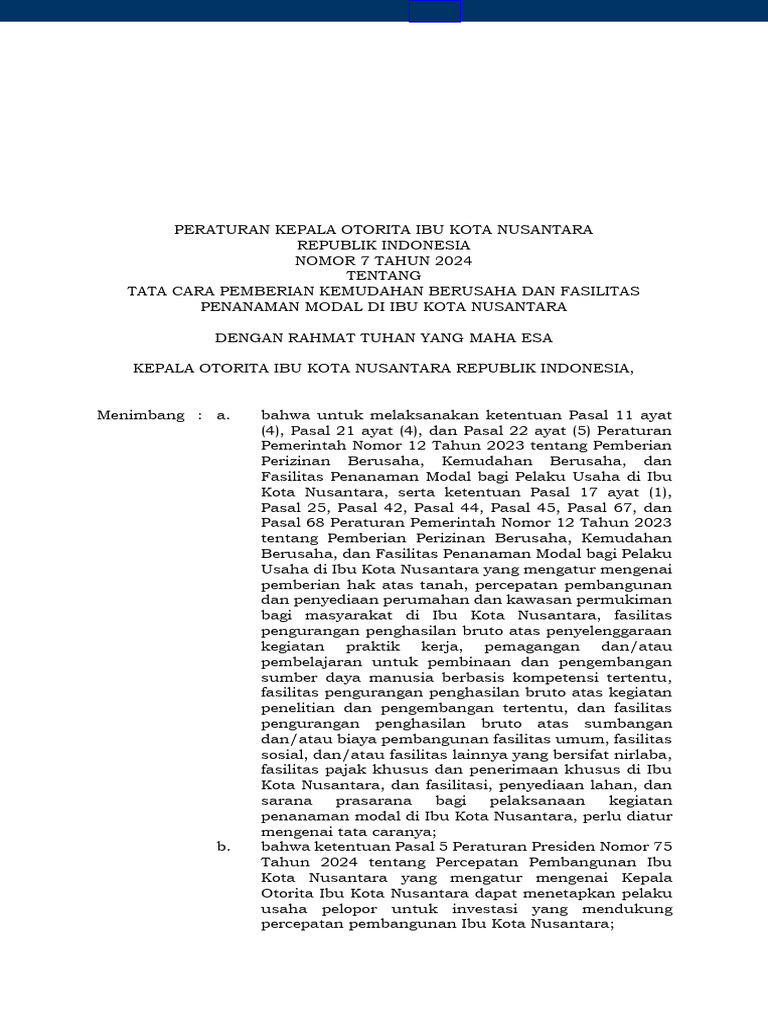 PerKa OIKN No. 7 THN 2024 - Tata Cara Pemberian Kemudahan Berusaha Dan Fasilitas Penanaman Modal ...