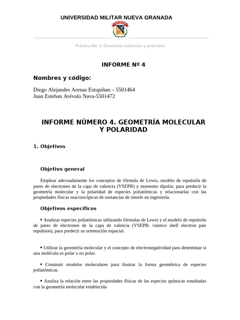 Práctica No. 4. Informe Geometría Molecular y Polaridad | PDF | Polaridad química | Métodos y ...