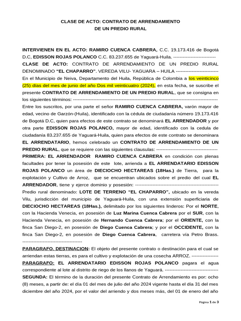 Contrato de Arrendamiento Lote de Terreno El Chaparral Doc Ramiro | PDF