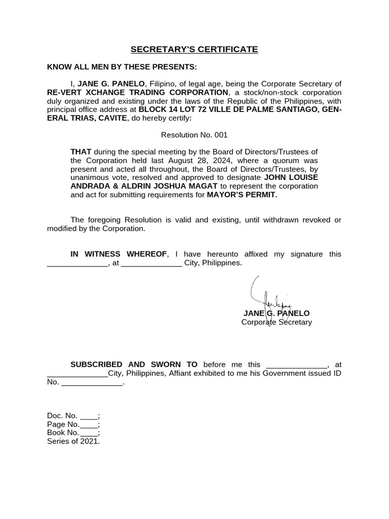 2023forms b015 Secretary Certificate | PDF