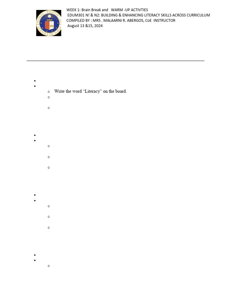 Brain Break and Warm Up Activities | PDF | Literacy | Art