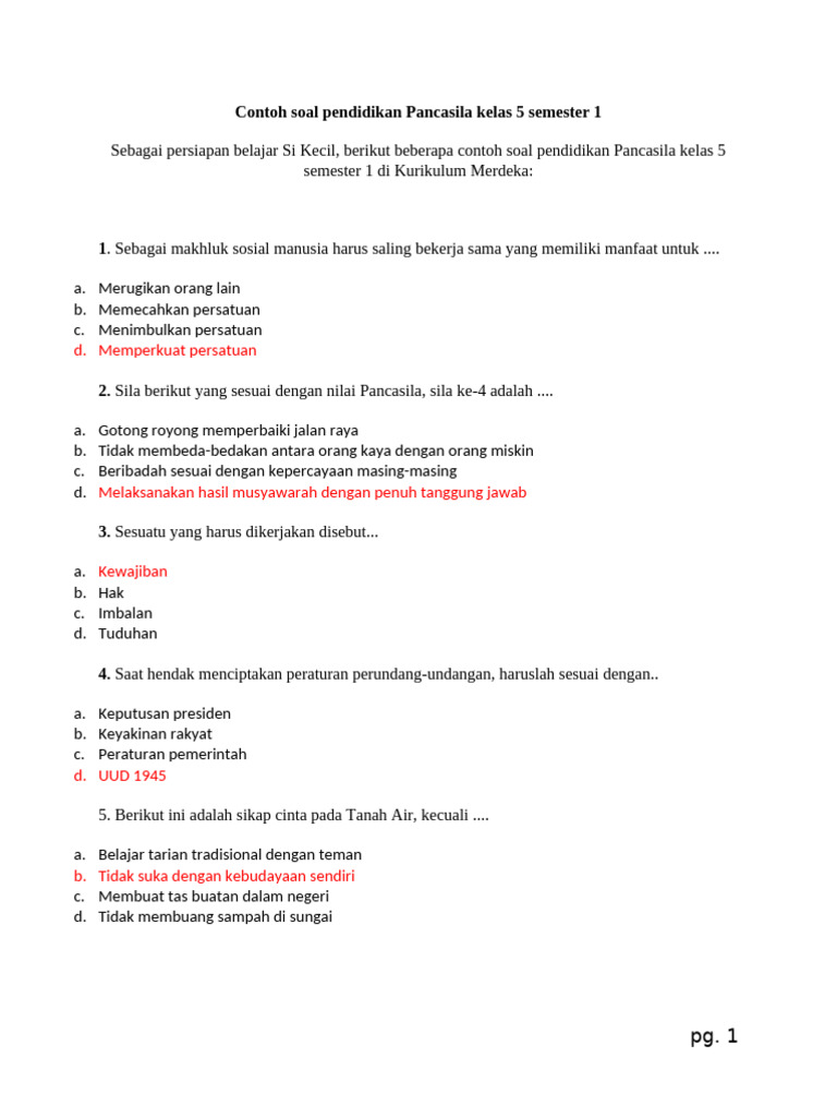 Class - 5 - PPKN - Soal Pendidikan Pancasila Kelas 5 Semester 1 | PDF