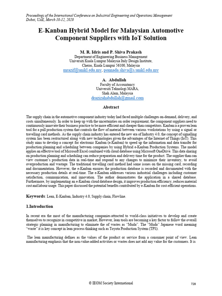 E-Kanban Hybrid Model for Malaysian Automotive Component Suppliers With IoT Solution | PDF
