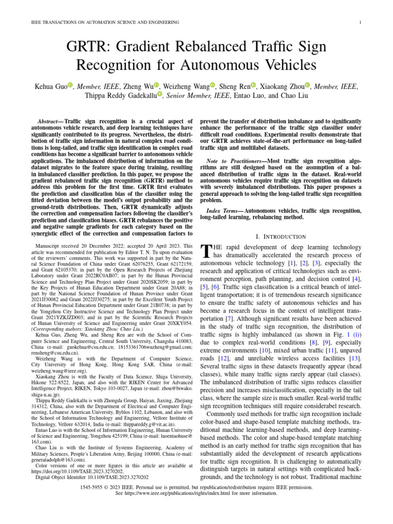 GRTR Gradient Rebalanced Traffic Sign Recognition For Autonomous ...