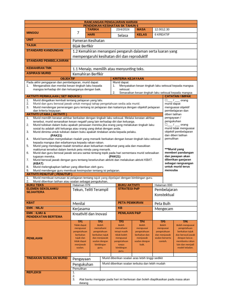 m7 RPH Pendidikan Kesihatan THN 6 | PDF