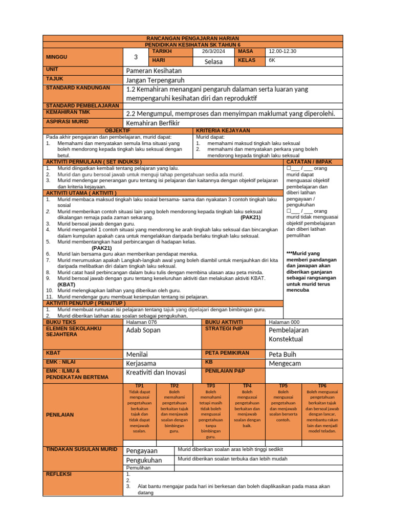 m3 RPH Pendidikan Kesihatan THN 6 | PDF