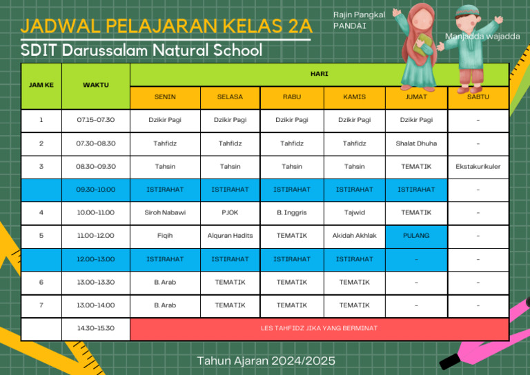 Hijau Bergaris Tabel Jadwal Pelajaran Sekolah Dasar Kelas VI | PDF