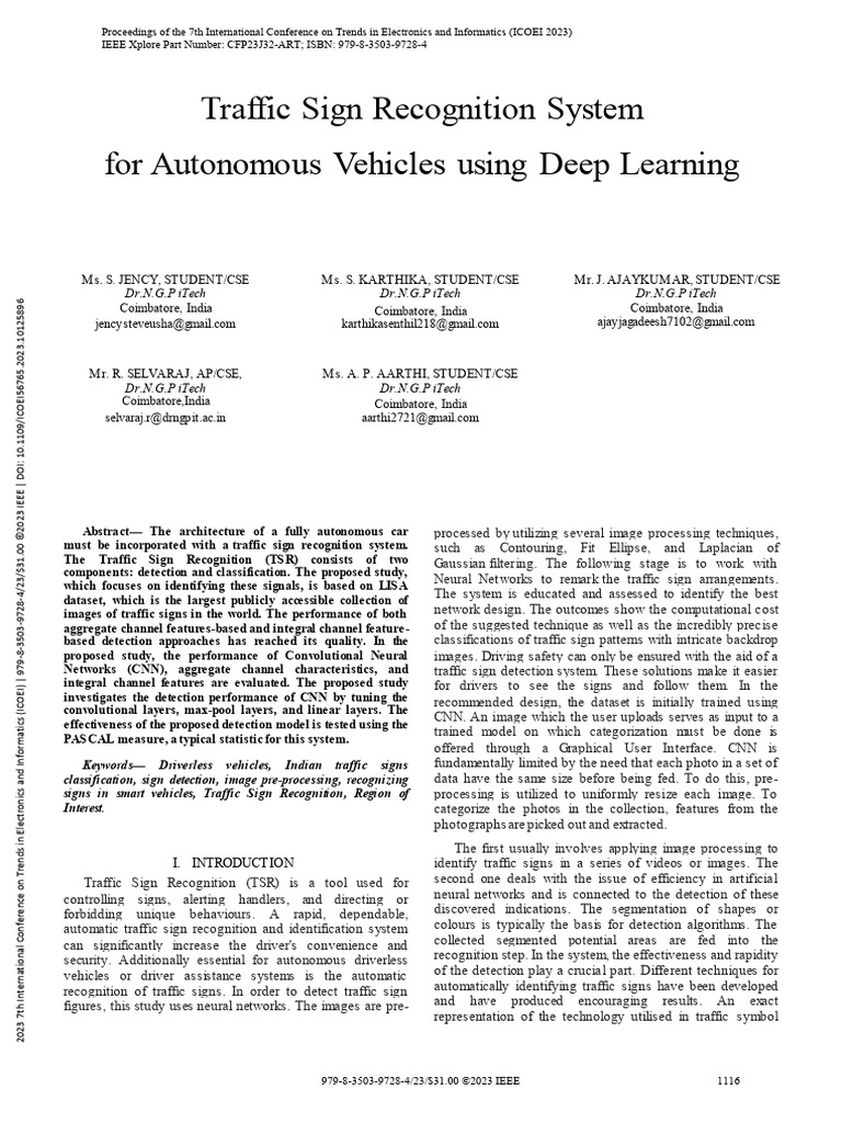 Traffic Sign Recognition System For Autonomous Vehicles Using Deep Learning | PDF