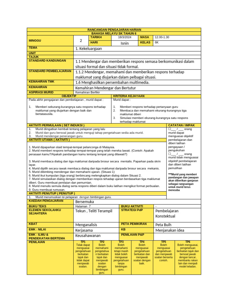 RPH Minggu 2 BM SK THN 6 | PDF