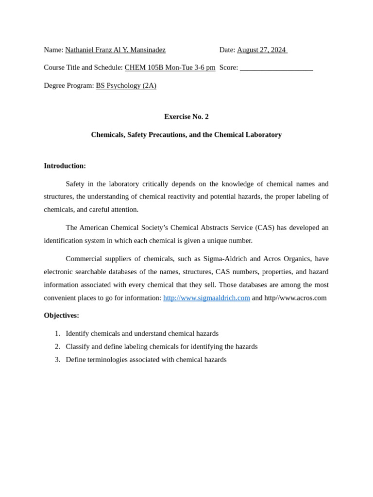 OrgChem Lab Report - Exercise 2 | PDF | Occupational Safety And Health | Science & Mathematics