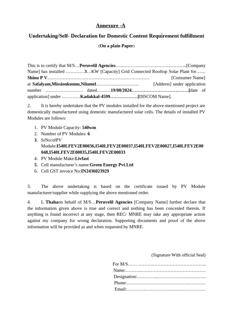 Declaration For DCR-Annexure MNRE | PDF