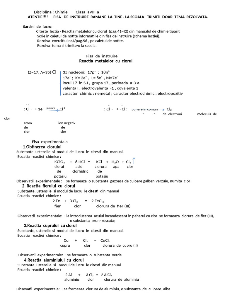 Reactia Metalelor Cu Clorul | PDF