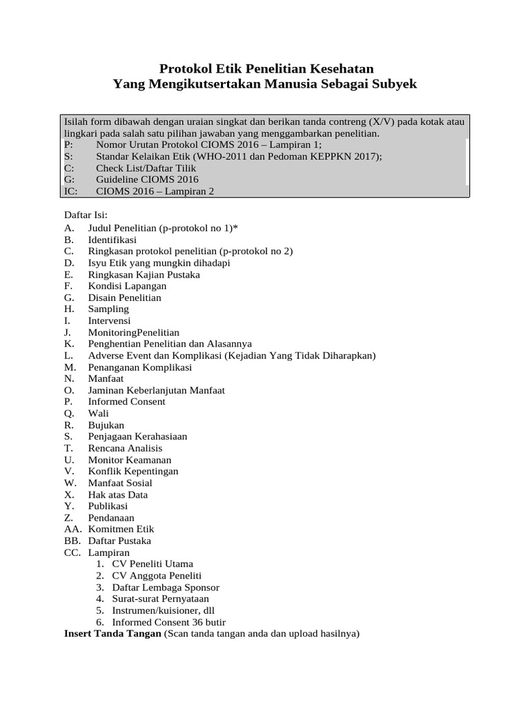 Contoh Protokol Etik Penelitian Kesehatan (File REVISI Oktober 2020) | PDF