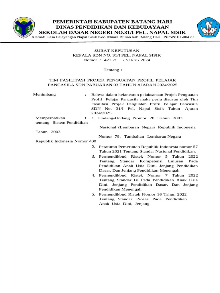 PDF SK Tim Fasilitasi Projek Profil Pelajar Pancasila p5 - Compress | PDF