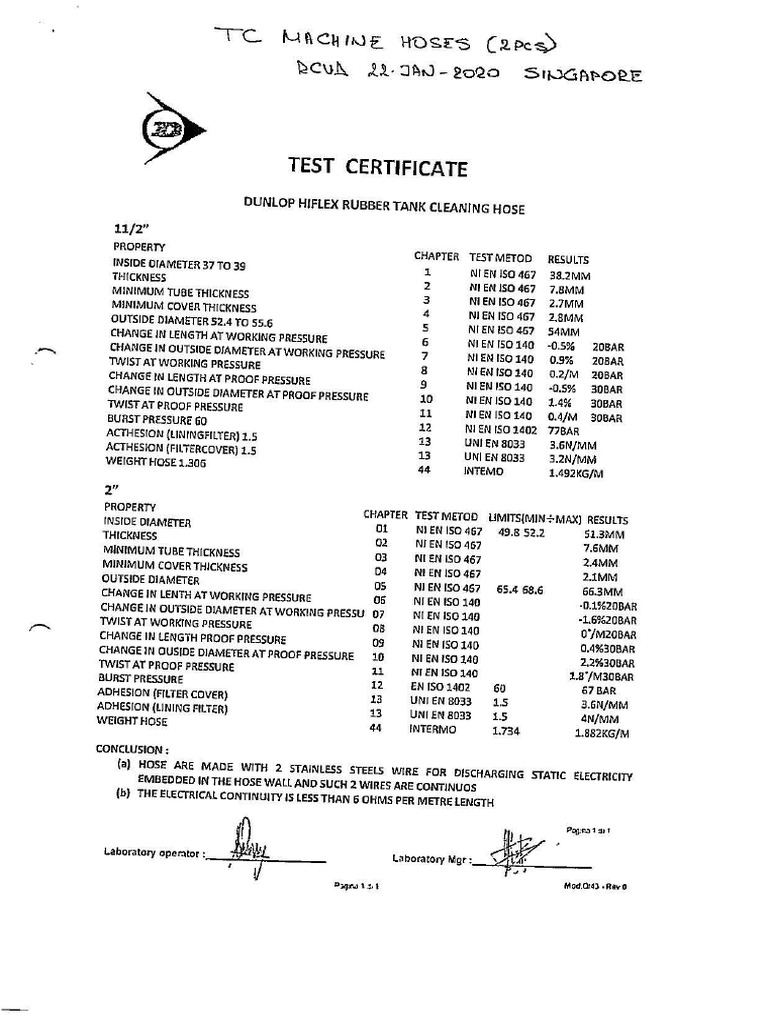 TC Hose Certificate | PDF