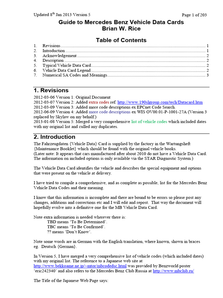 Guide To Mercedes Benz Vehicle Data Cards Version 5part1 | PDF