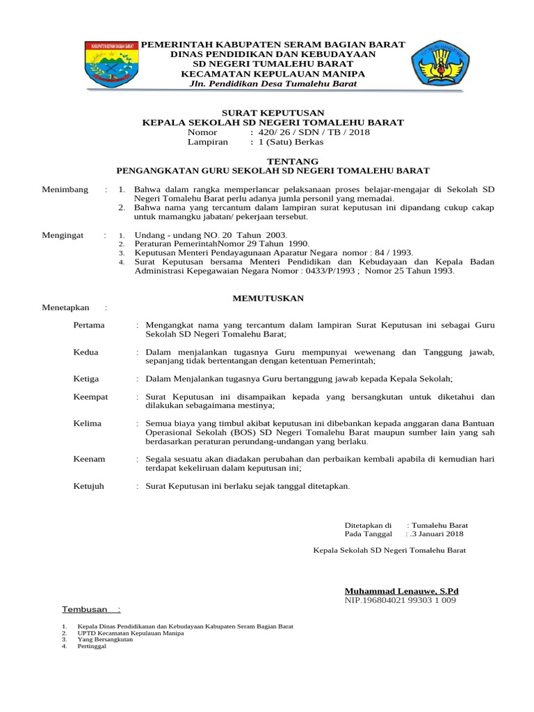 SK Pengangkatan Guru Honorer | PDF