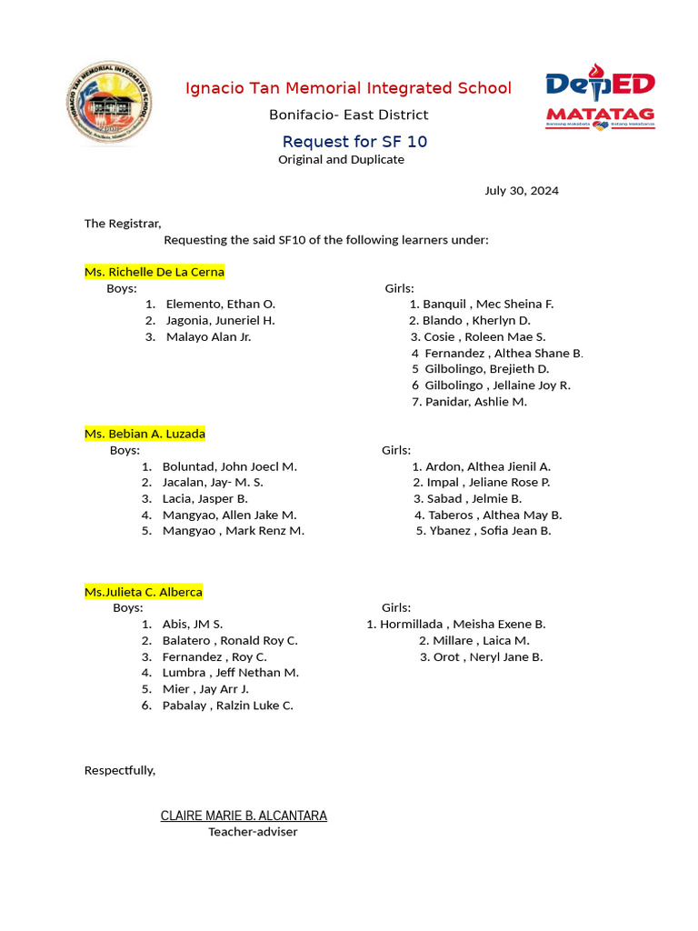 Request For sf10 | PDF