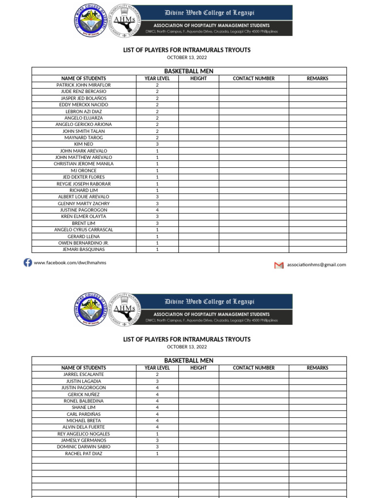 LIST OF PLAYERS - INTRAMURALS Autosaved Autosaved | PDF