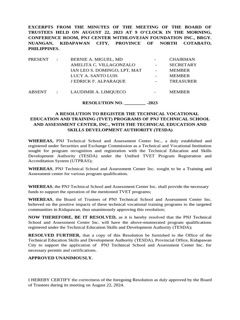 Board-Resolution - Ammendment of Articles of Incorporation (Register As ...