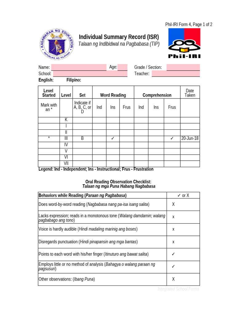 Phil-IRI Form 4 | PDF