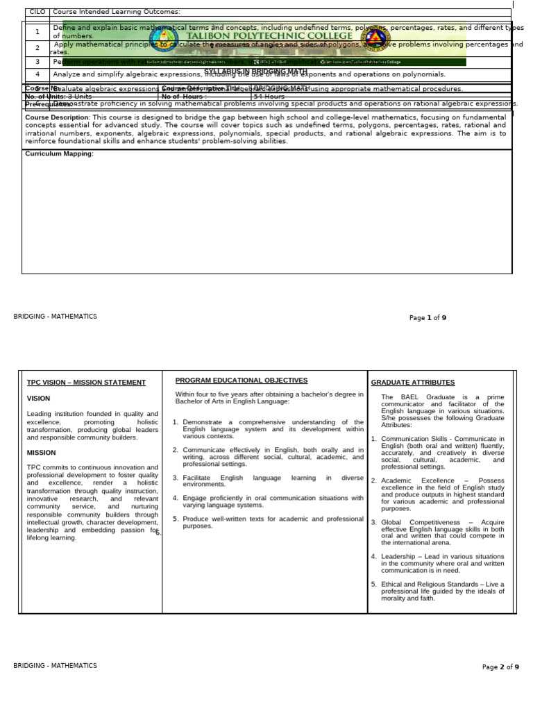 Syllabus - BRIDGING-Math - 2024-2025 | PDF