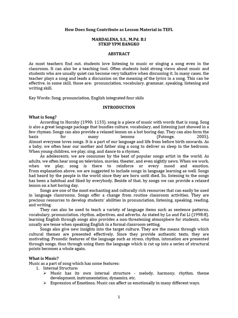 How Does Song Contribute As Lesson Mater | PDF