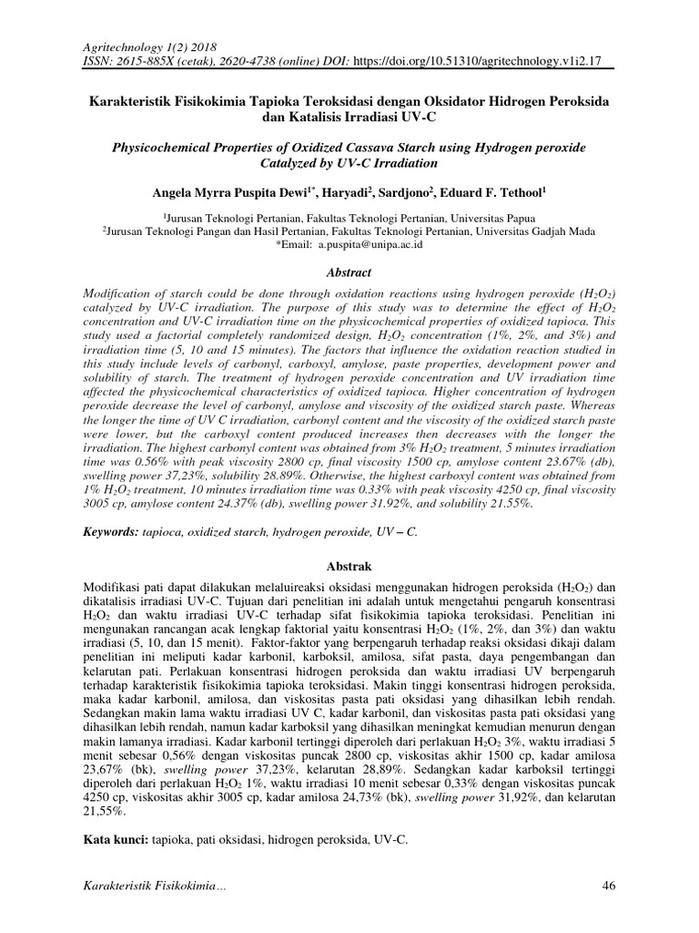 Karakteristik Fisikokimia Tapioka Teroksidasi Dengan Oksidator Hidrogen Peroksida Dan Katalisis ...
