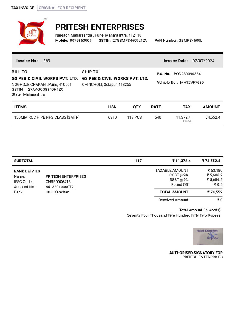 GS_PEB___CIVIL_WORKS_PVT__LTD__Sales_Invoice_269 | PDF