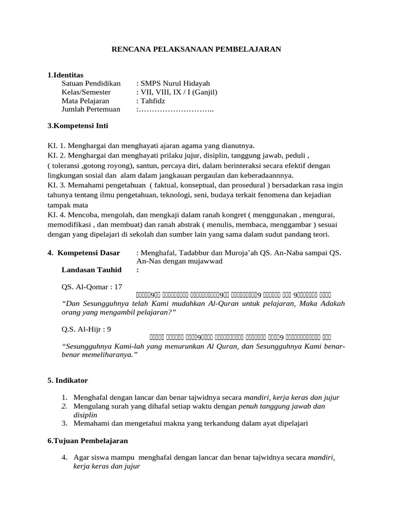 RPP Tahfidz Lembar | PDF