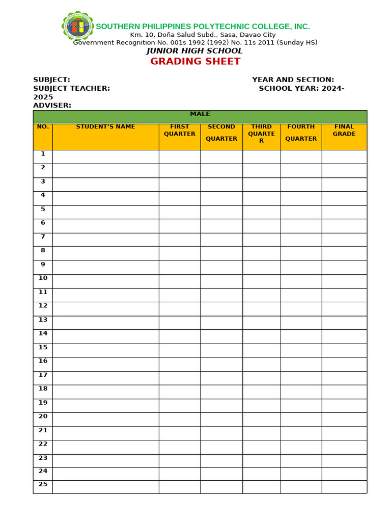 Junior High School Grading Sheet | PDF