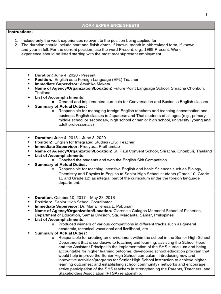 Work Experience Sheet | PDF