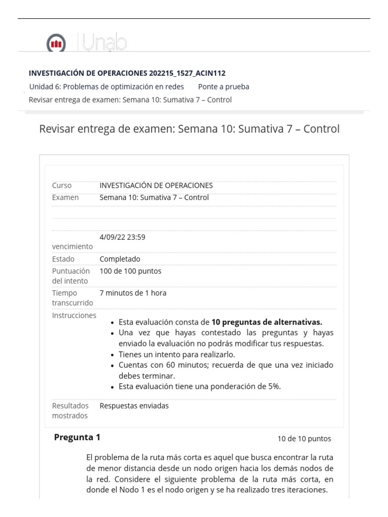 Revisar Entrega de Examen Semana 10 Sumativa 7 Control PDF | PDF | Transporte | Matemáticas ...