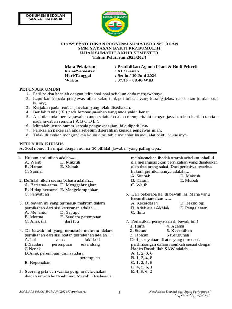 Soal Pas Pai Xi Genap 2023 2024 Merdeka | PDF