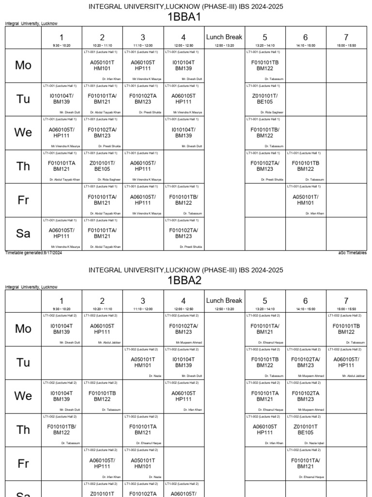 DBM ClassWise-Time Table | PDF
