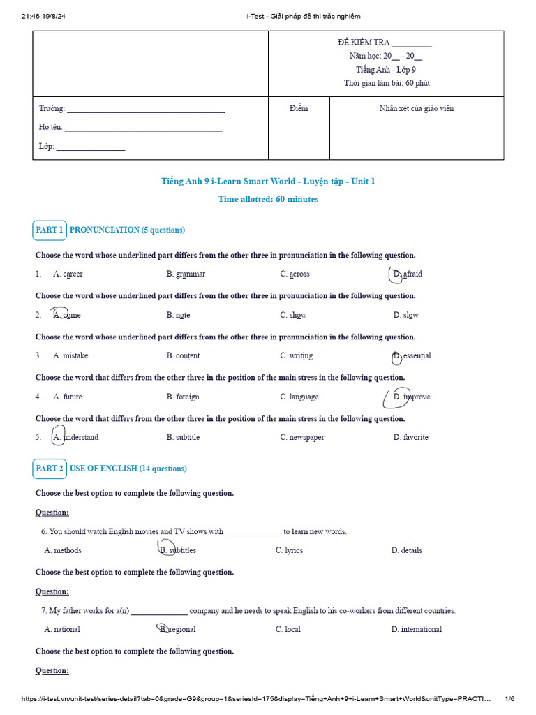 Ils 8 Test 1 Đạt | PDF | English Language | Preposition And Postposition