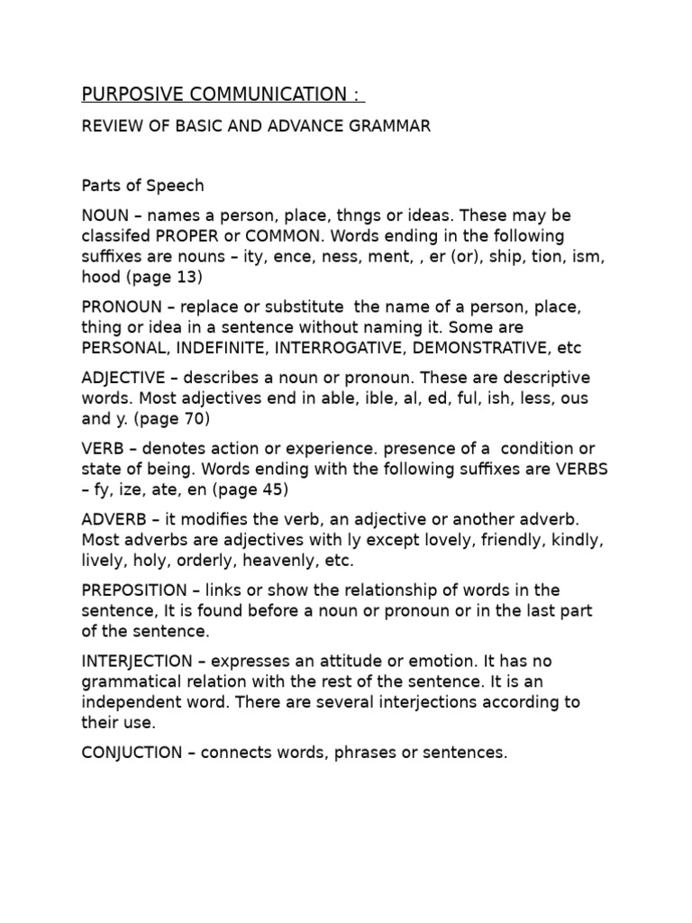 PURPOSIVE COMMUNICATION Parts of Speech | PDF