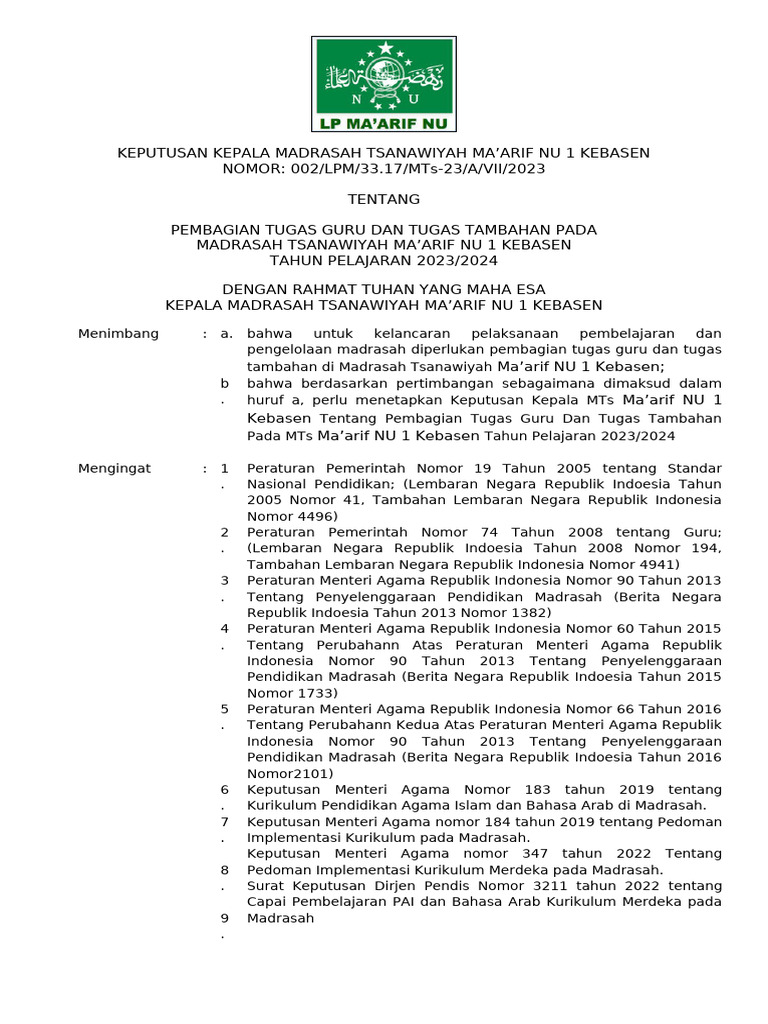 SK Pembagian Tugas Guru TP. 2023-2024 | PDF