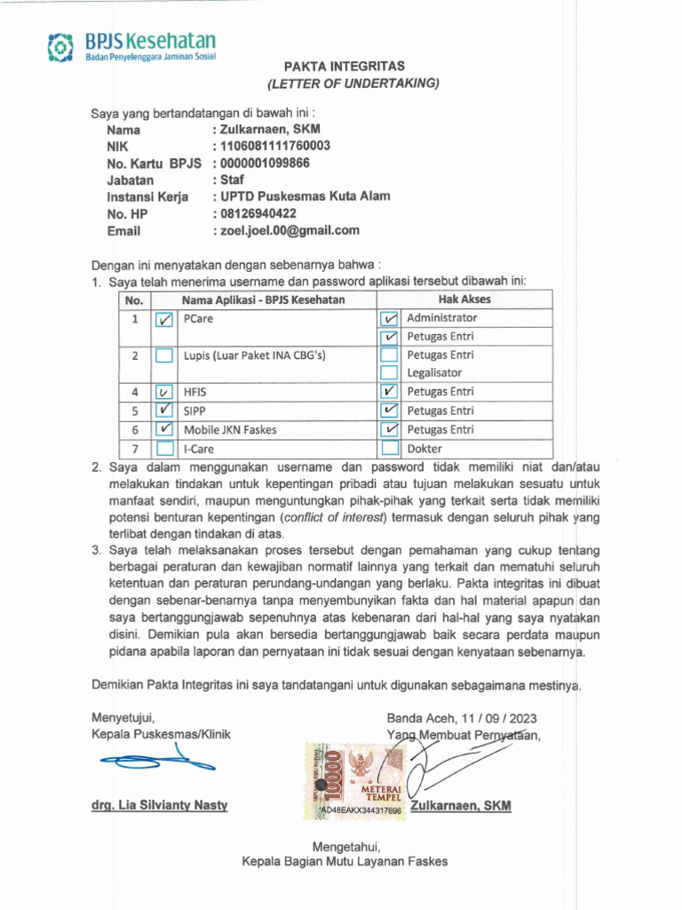 Surat Penunjukan PIC Faskes, PRB, Petugas Entri | PDF