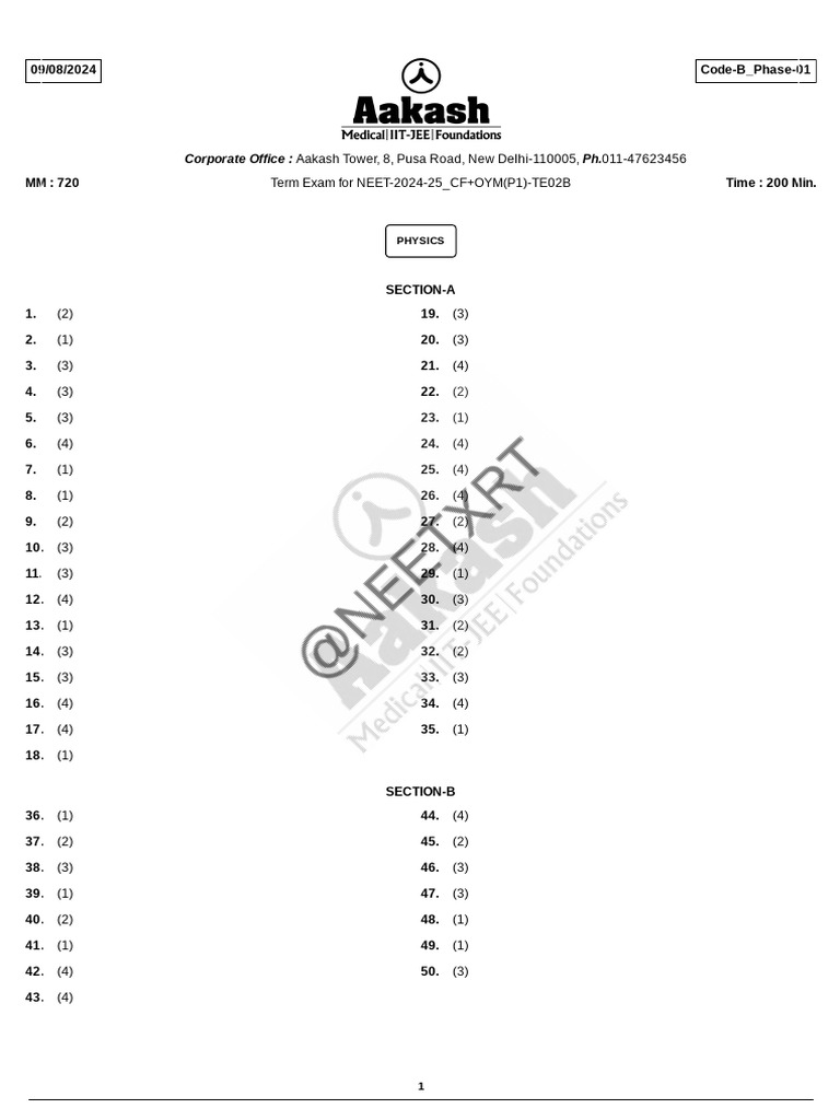 Te 02 Code B Phase 01 Oym Answer Key by @neetxrt | PDF
