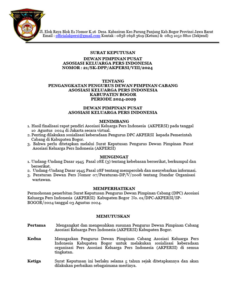 18.Sk DPC Akpersi Kabupaten Bogor | PDF