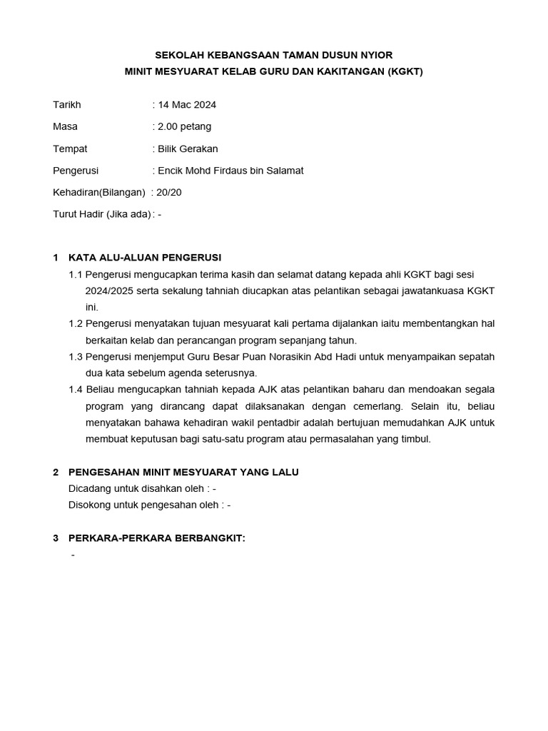 MINIT MESYUARAT KGKT Bil. 1 2024 | PDF