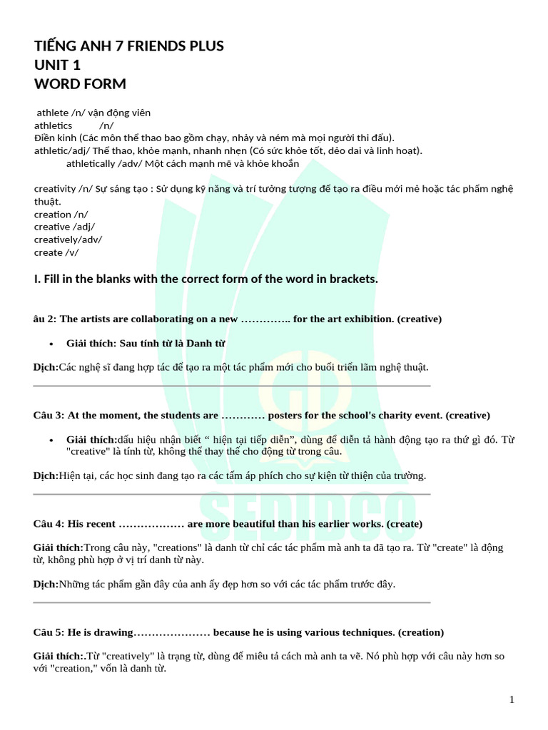 Tiếng Anh 7 Friends Plus - Word Form - Unit - 1 | PDF