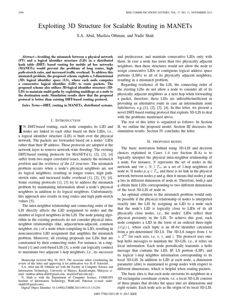 Exploiting 3D Structure For Scalable Routing in Manets: S.A. Abid, Mazliza Othman, and Nadir ...